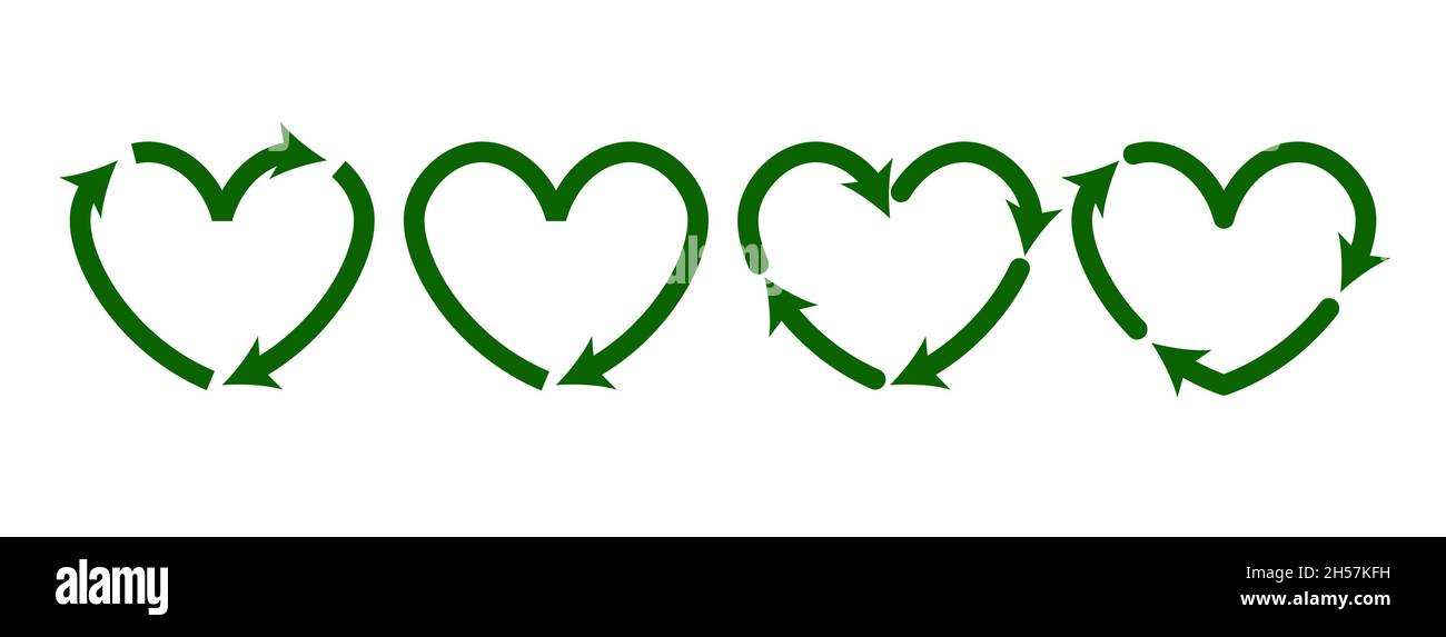 Recycle heart icons. Reuse green ecology symbol. Vector eco circulation ...