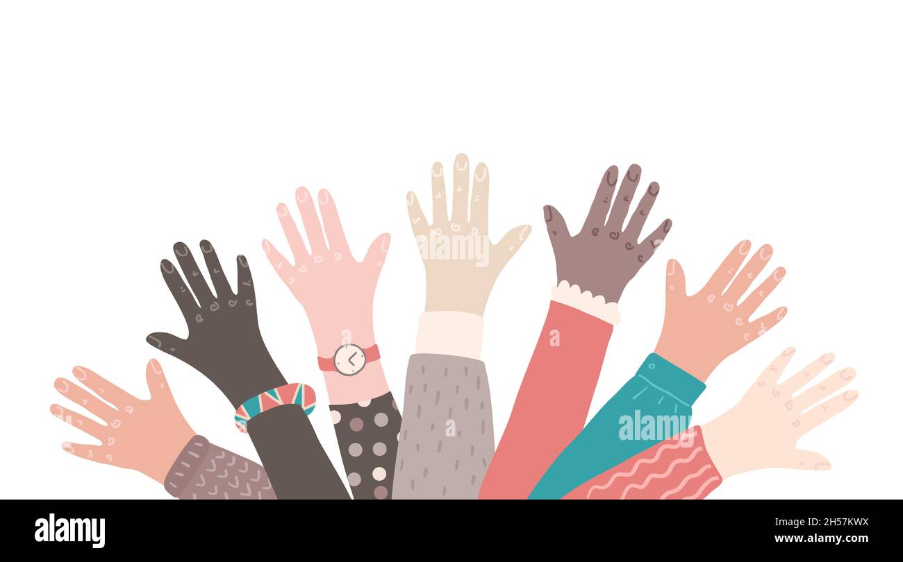 Diverse hand. People with different skin colors raising their hands ...
