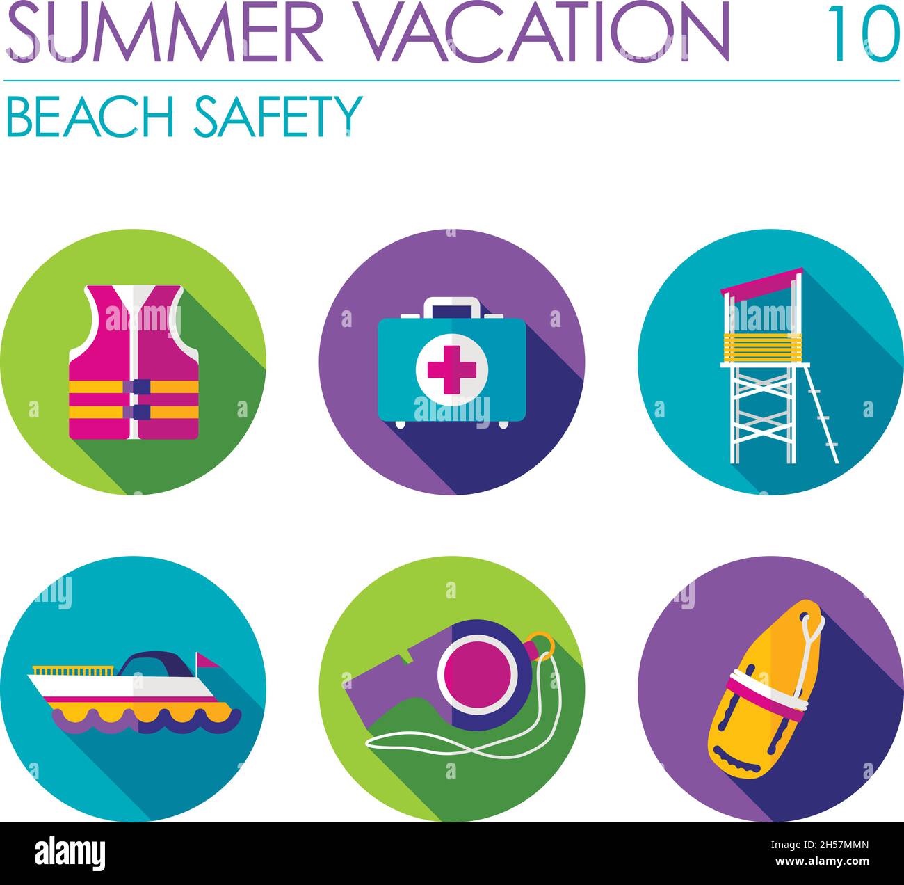 Lifeguard beach safety vector flat icon set. Summer time. Vacation ...