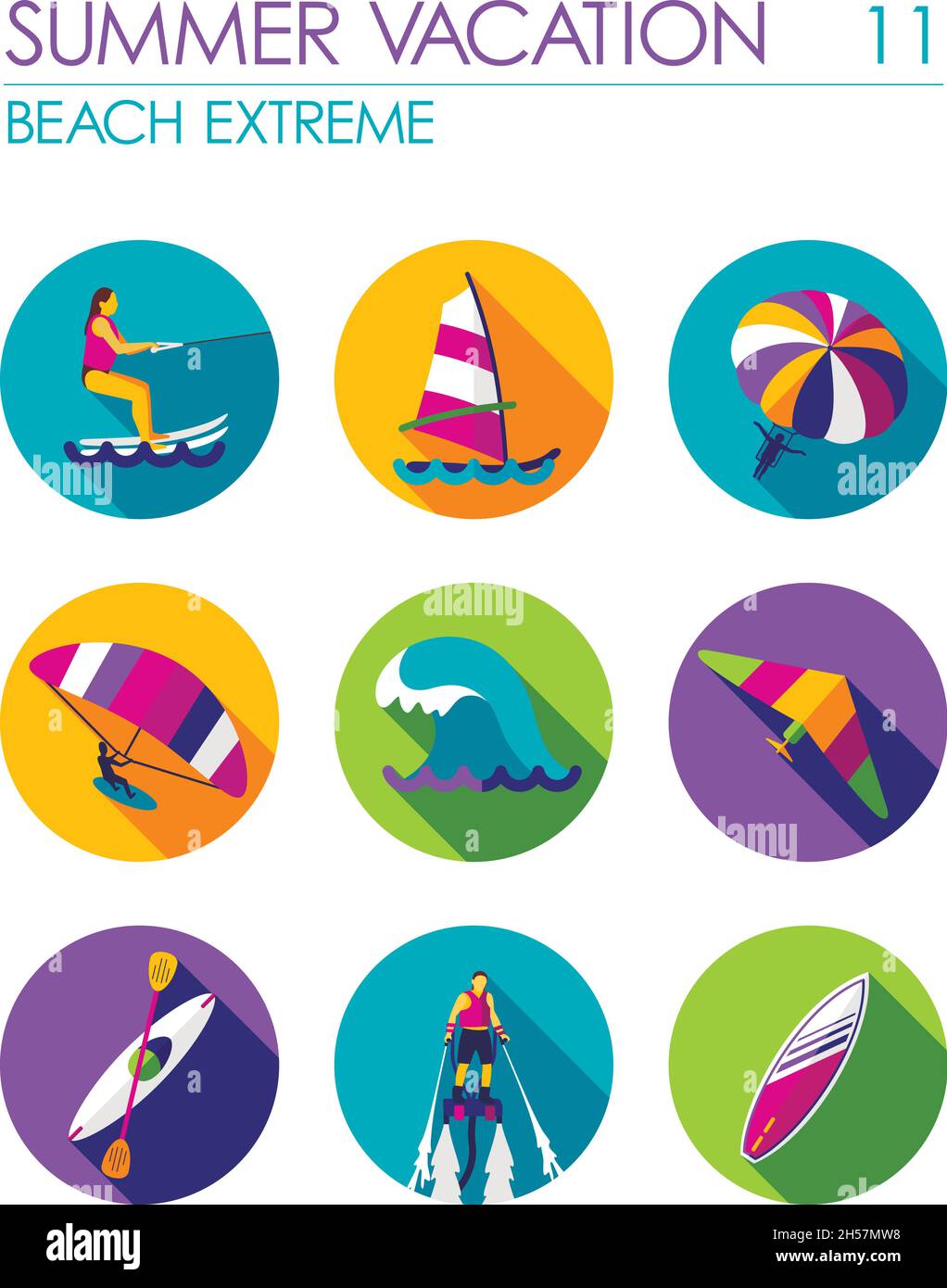 Extreme Water Sport beach vector flat icon set. Summer time. Vacation ...