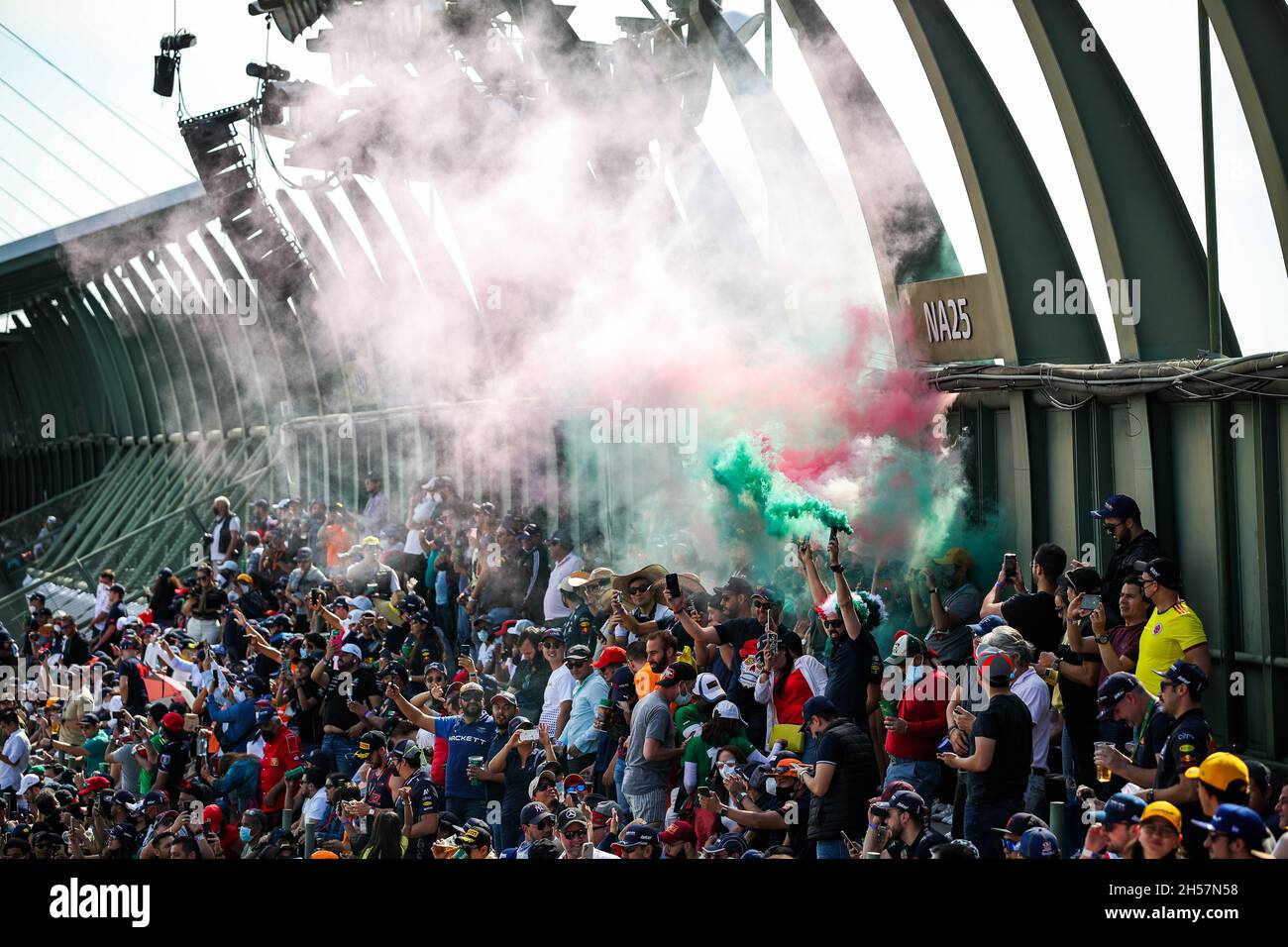 The crowd of fans in the grandstands of the stadium during the Formula ...