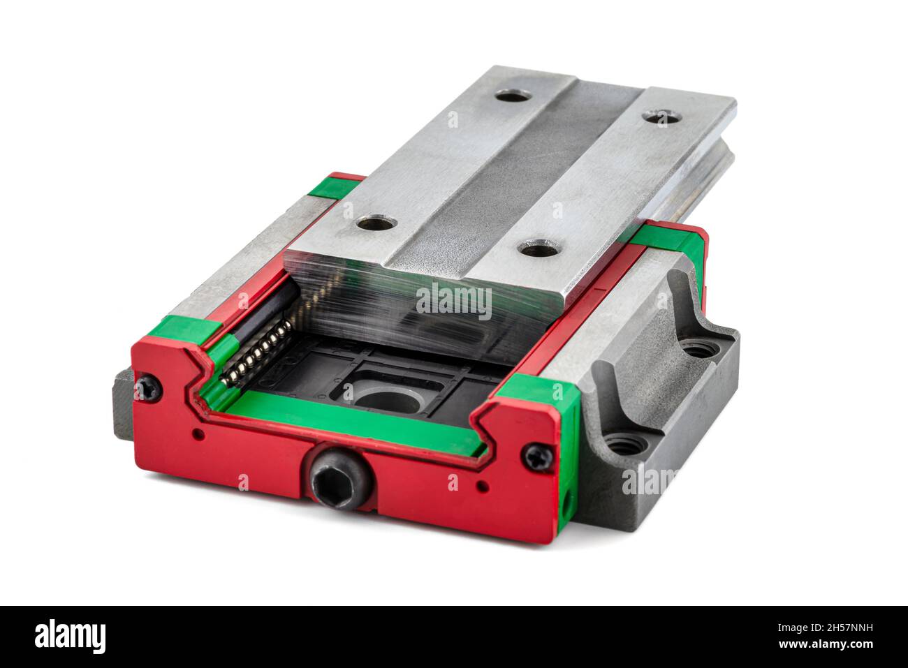 Macro photo of a old linear bearing with a linear trolley, isolated on ...