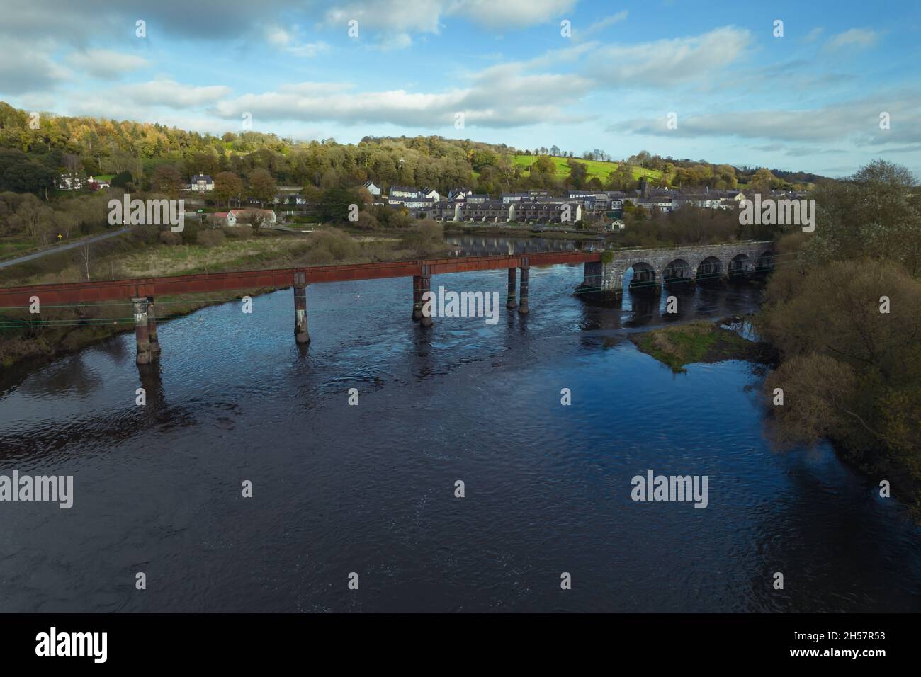 Drone image of the old railway bridge over the river Blackwater ...