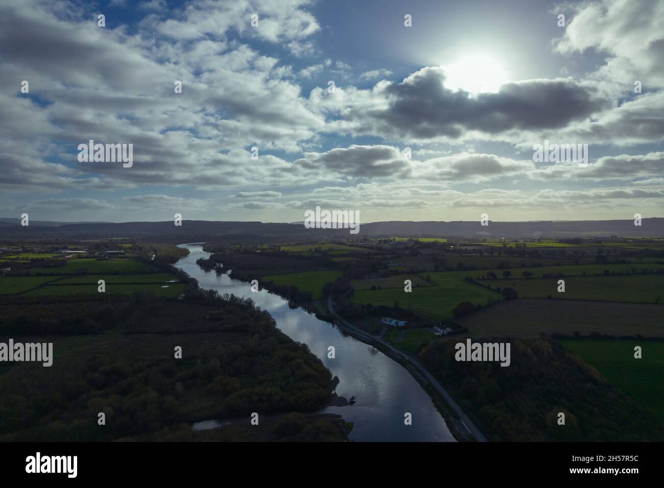 Drone image of the river Blackwater and surrounding fertile countryside ...