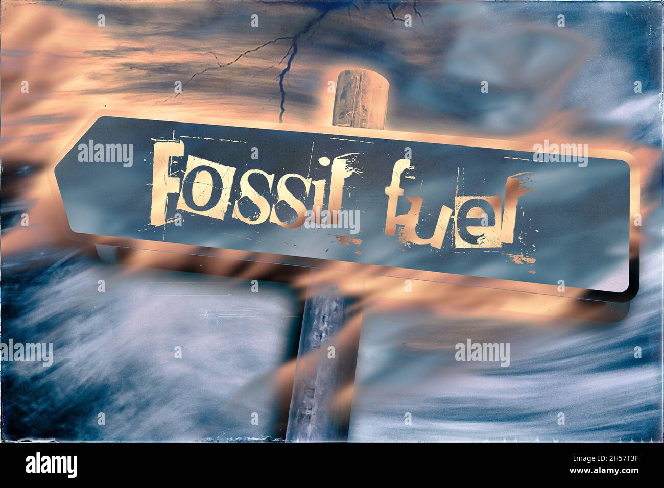 Fossil fuel written on a street sign with post, Storm and lightning in ...