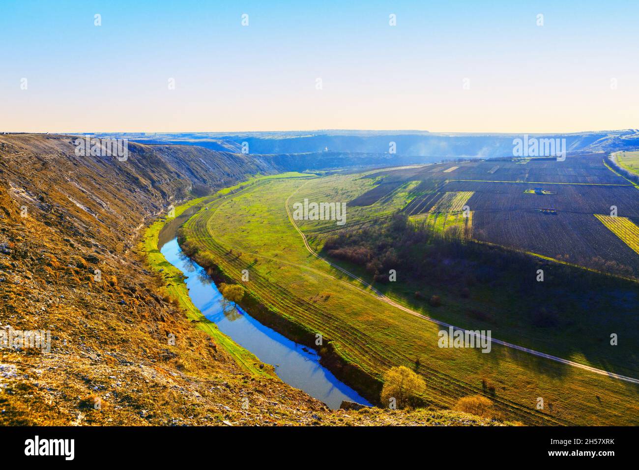 Scenic aerial view of river and hills . Riverside spring landscape ...