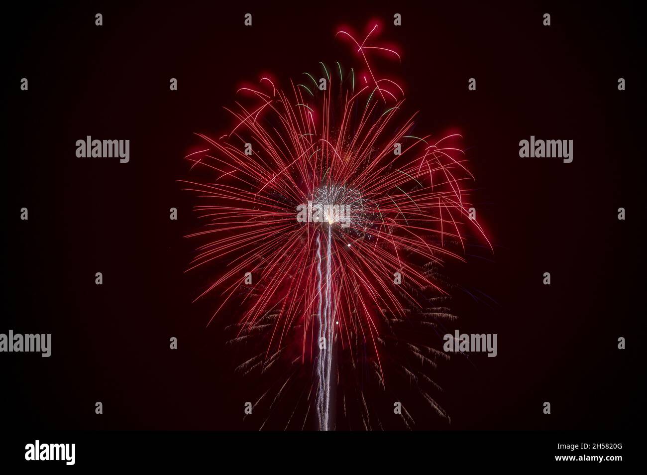 Bright red firework exploded in the night sky Stock Photo - Alamy