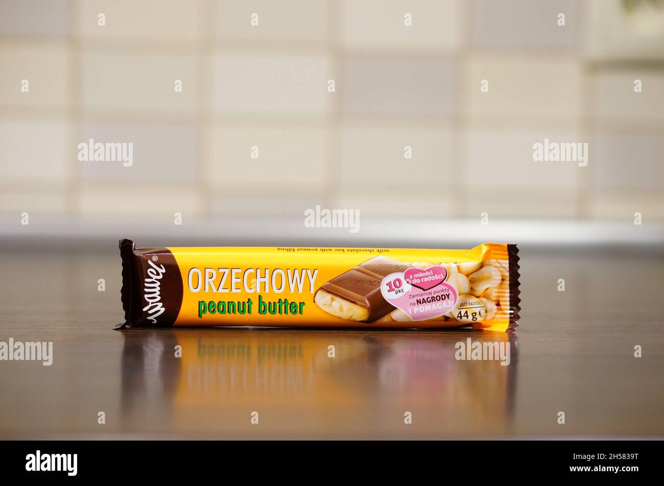 POZNAN, POLAND - Aug 06, 2016: A Polish Wawel candy bar with peanut ...