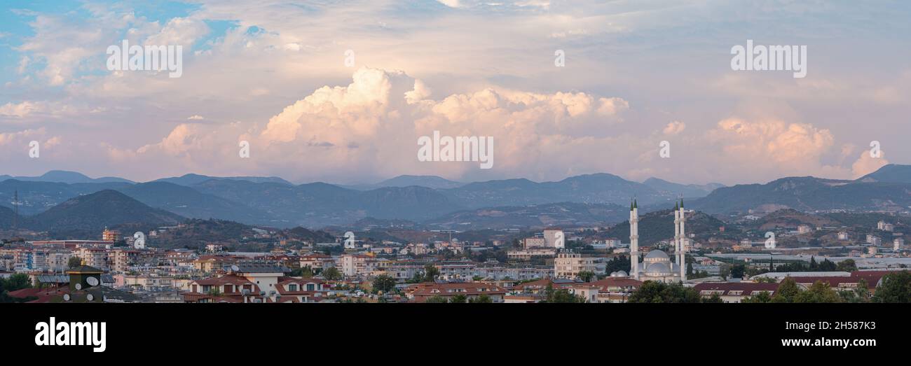 Image of Panorama view over Turkish city with mosque and dramatic sky ...