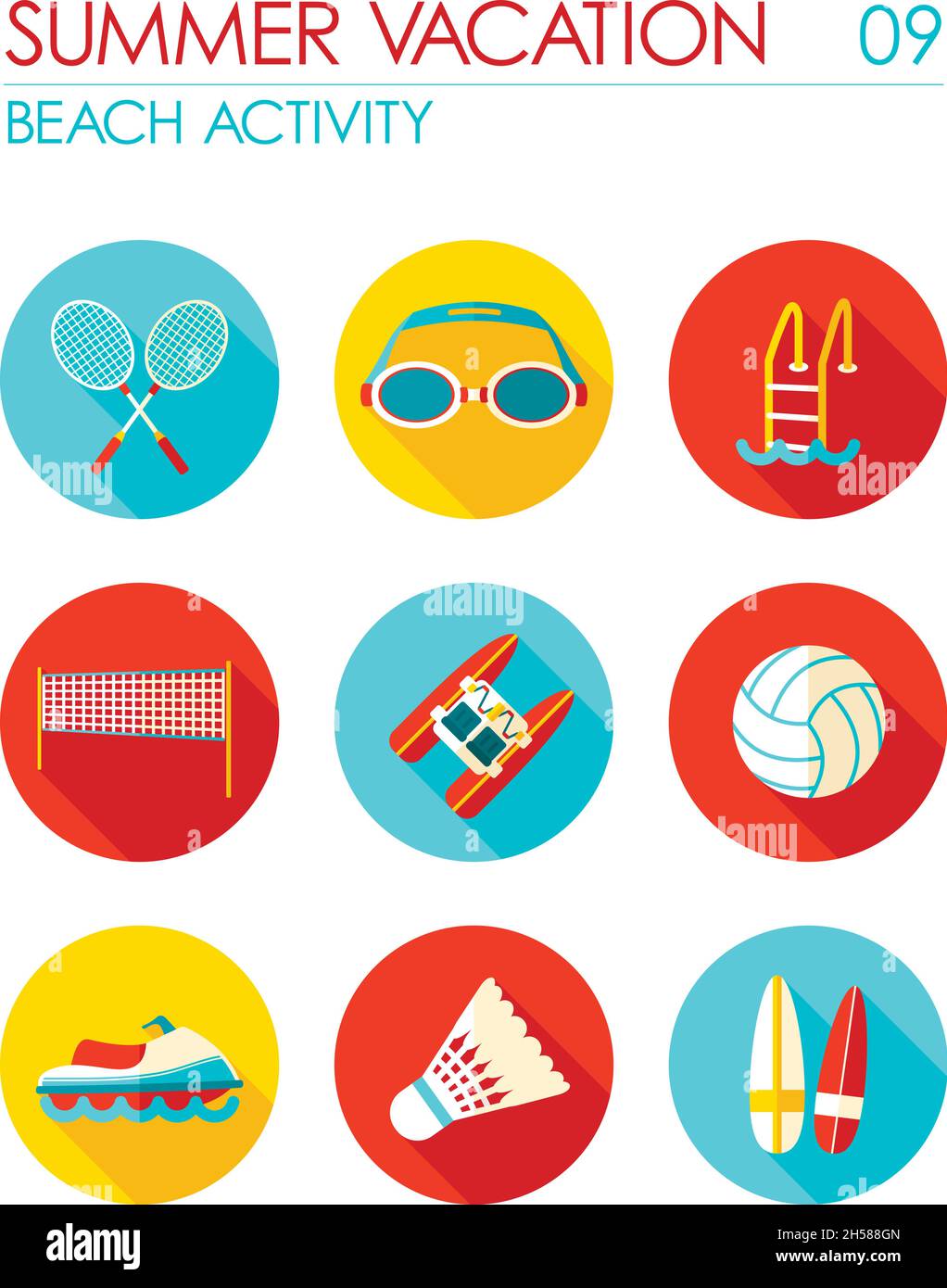 Beach activity vector flat icon set. Summer time. Vacation Stock Vector ...