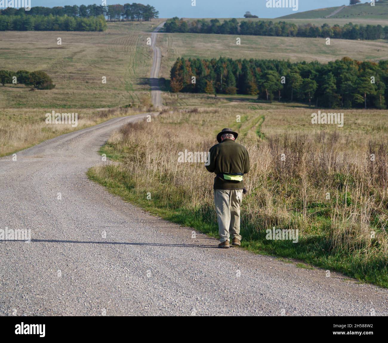 a lone male reading his map whilst hiking across open countryside Stock ...