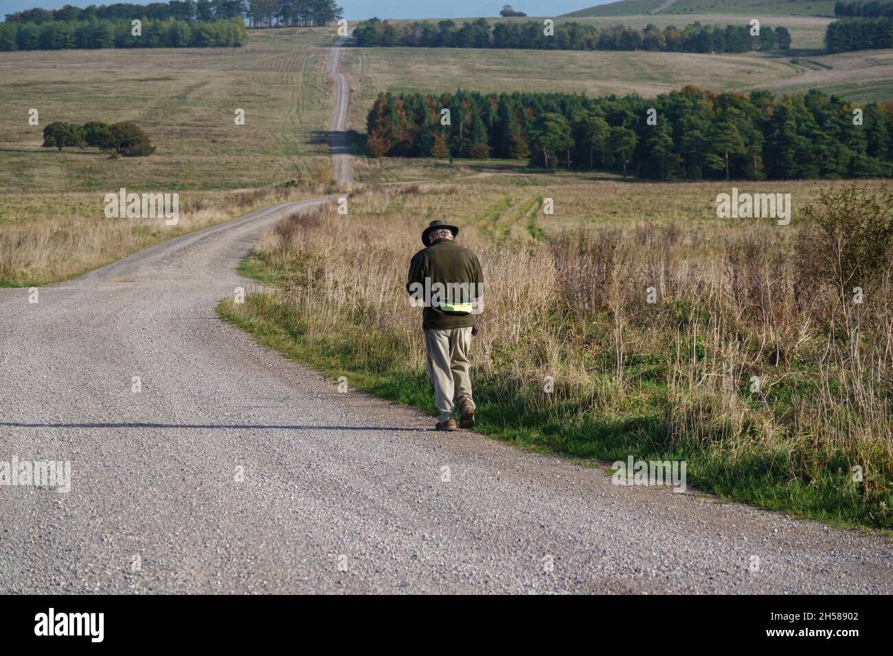 a lone male reading his map whilst hiking across open countryside Stock ...