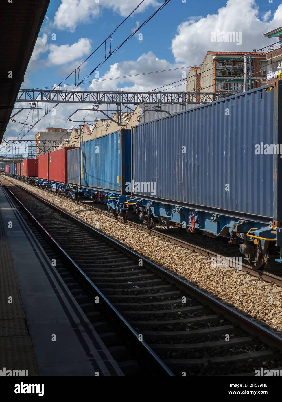 train wagons with containers for the transport of goods stopped on a ...