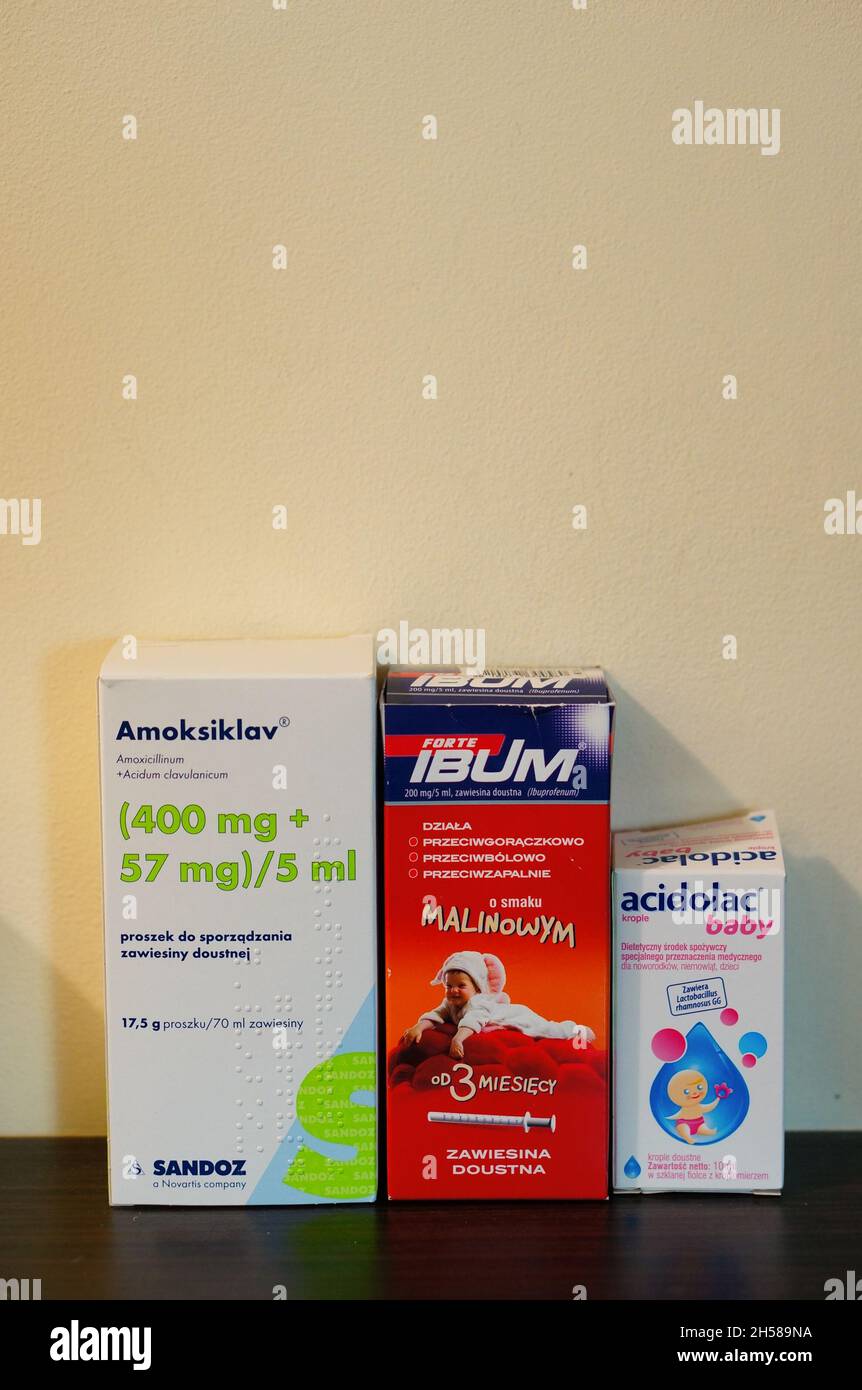 POZNAN, POLAND - Dec 27, 2015: A vertical shot of medicines in boxes ...