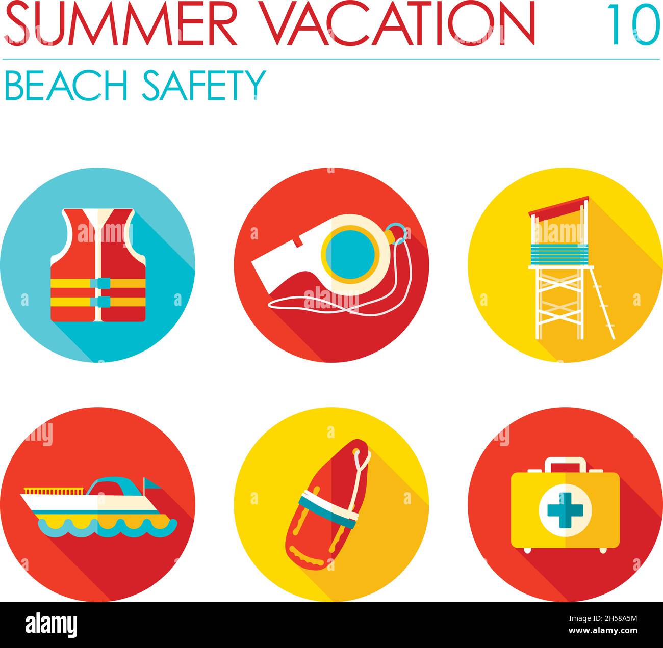 Lifeguard beach safety vector flat icon set. Summer time. Vacation ...