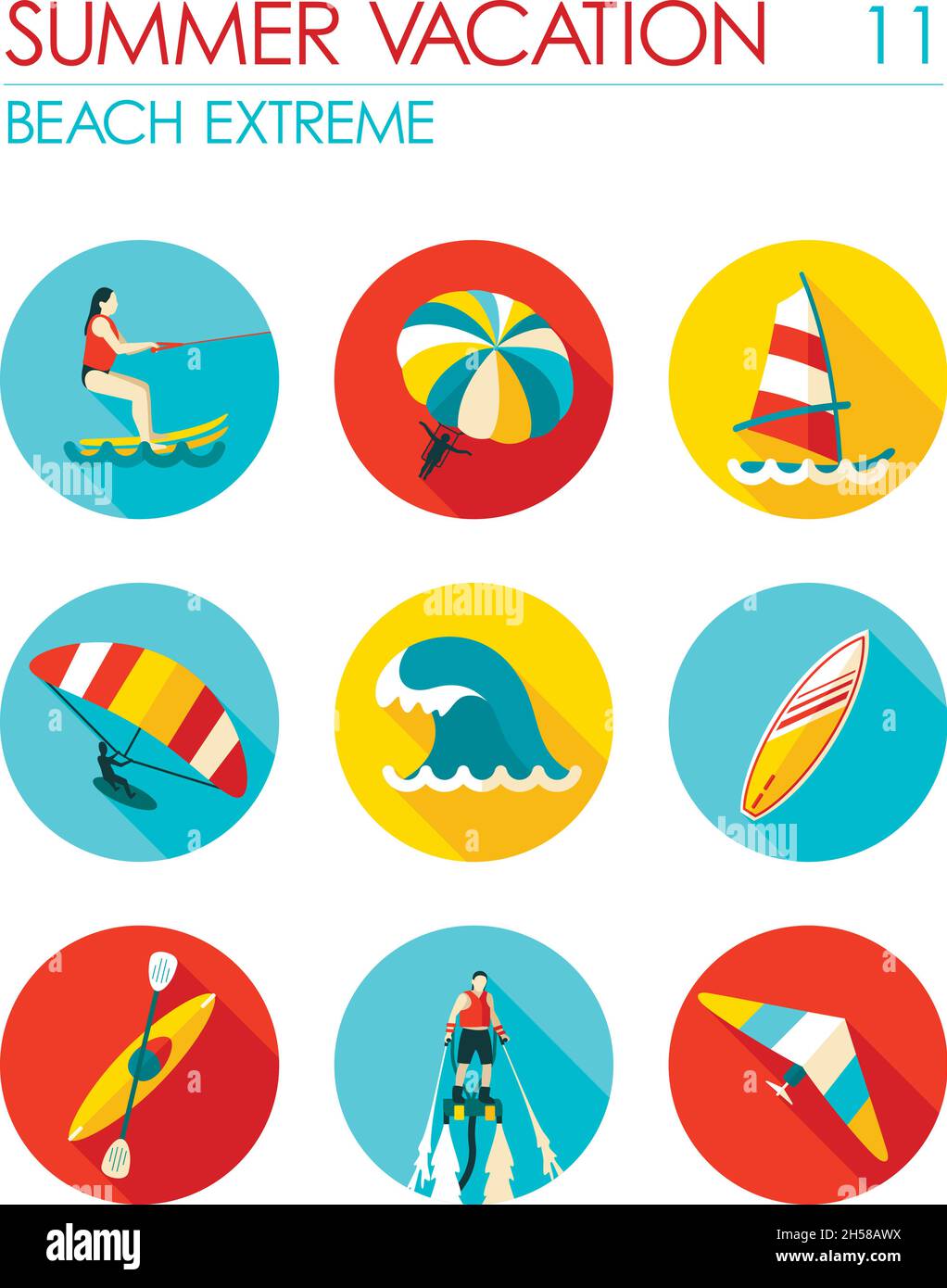 Extreme Water Sport beach vector flat icon set. Summer time. Vacation ...