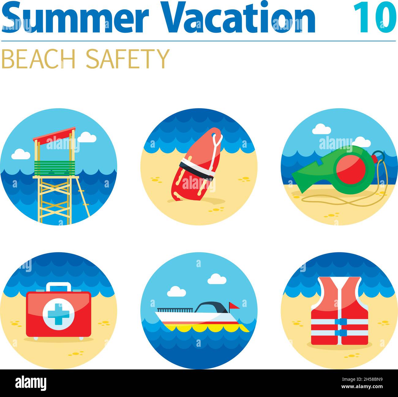 Lifeguard beach safety vector icon set. Summer time. Vacation Stock ...