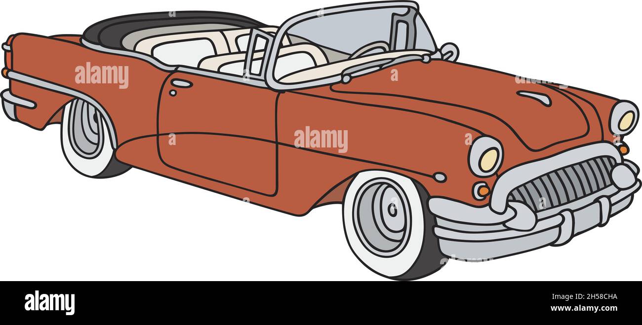 The vectorized hand drawing of a classic big red american convertible ...