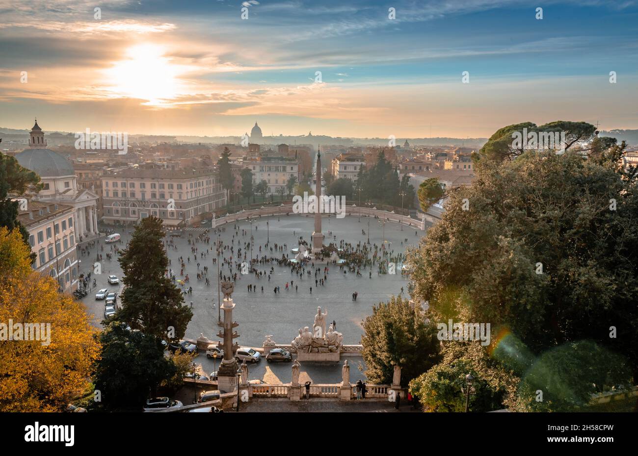 Piazza del Popolo in the evening, with the Vatican Dome in the ...
