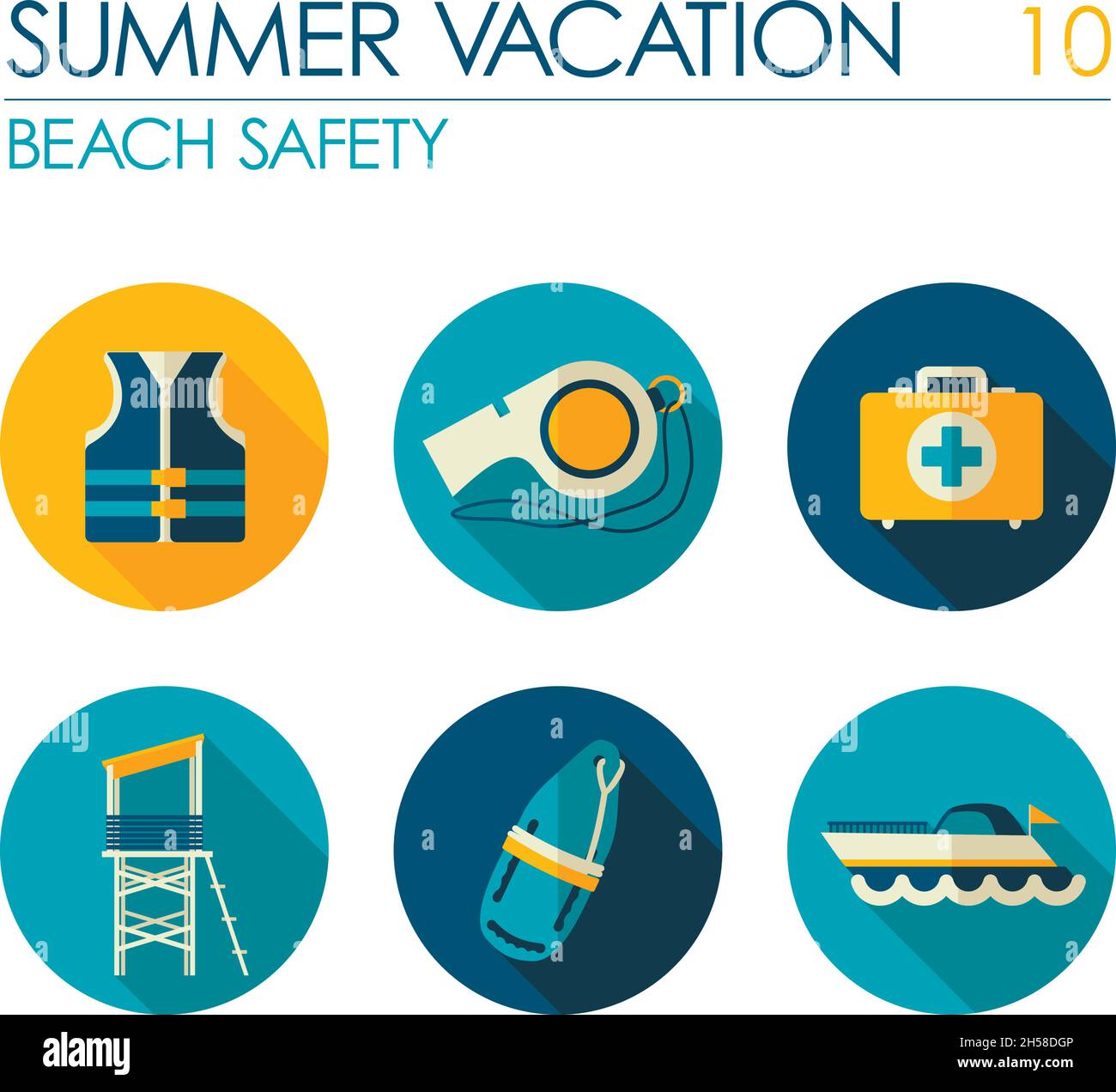 Lifeguard beach safety vector flat icon set. Summer time. Vacation ...