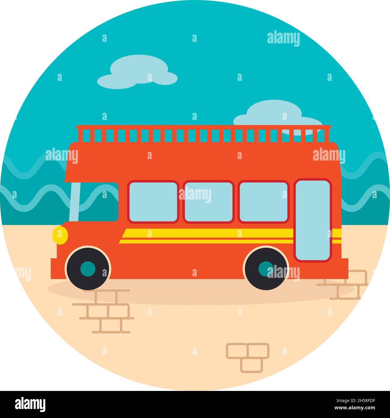 Double decker open top sightseeing and city bus vector icon. Summer. Summertime. Holiday ...