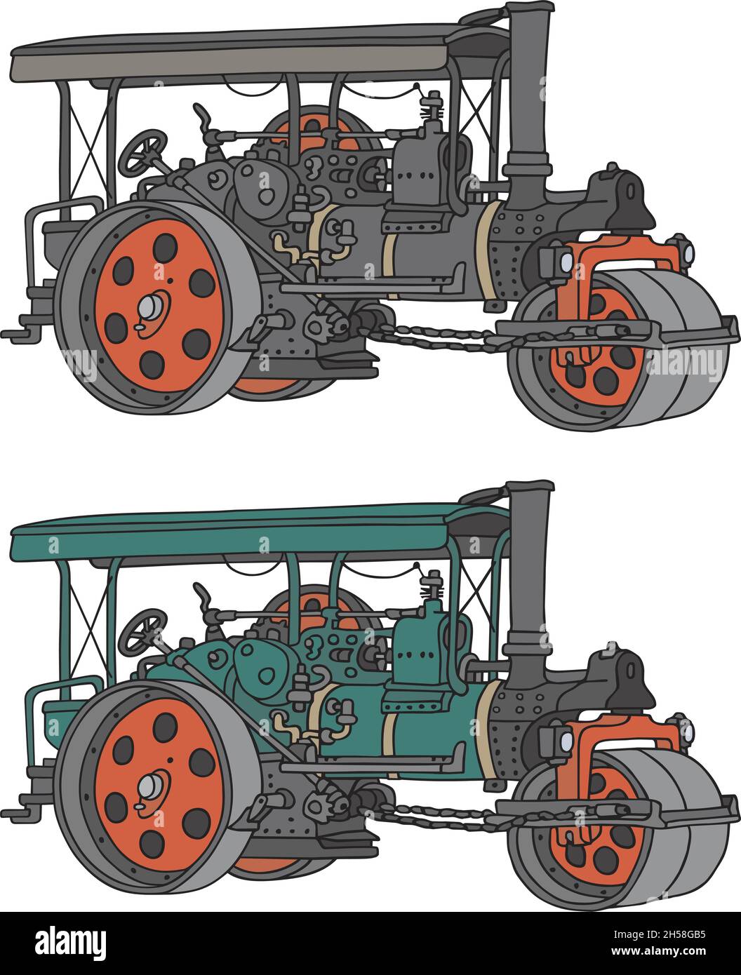 The vectorized hand drawing of two vintage steam road rollers Stock ...