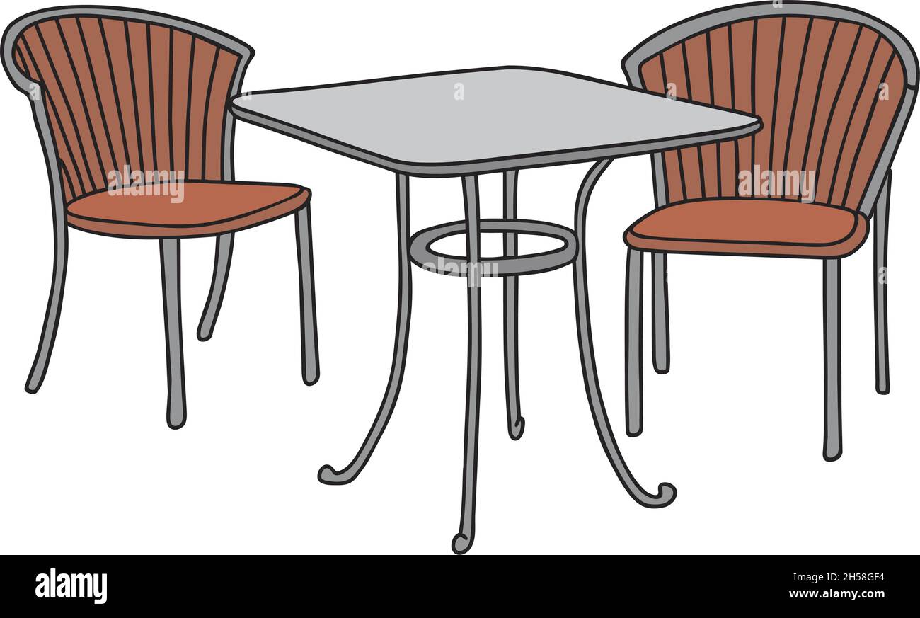 The vectorized hand drawing of a small coffee table and two armchairs ...