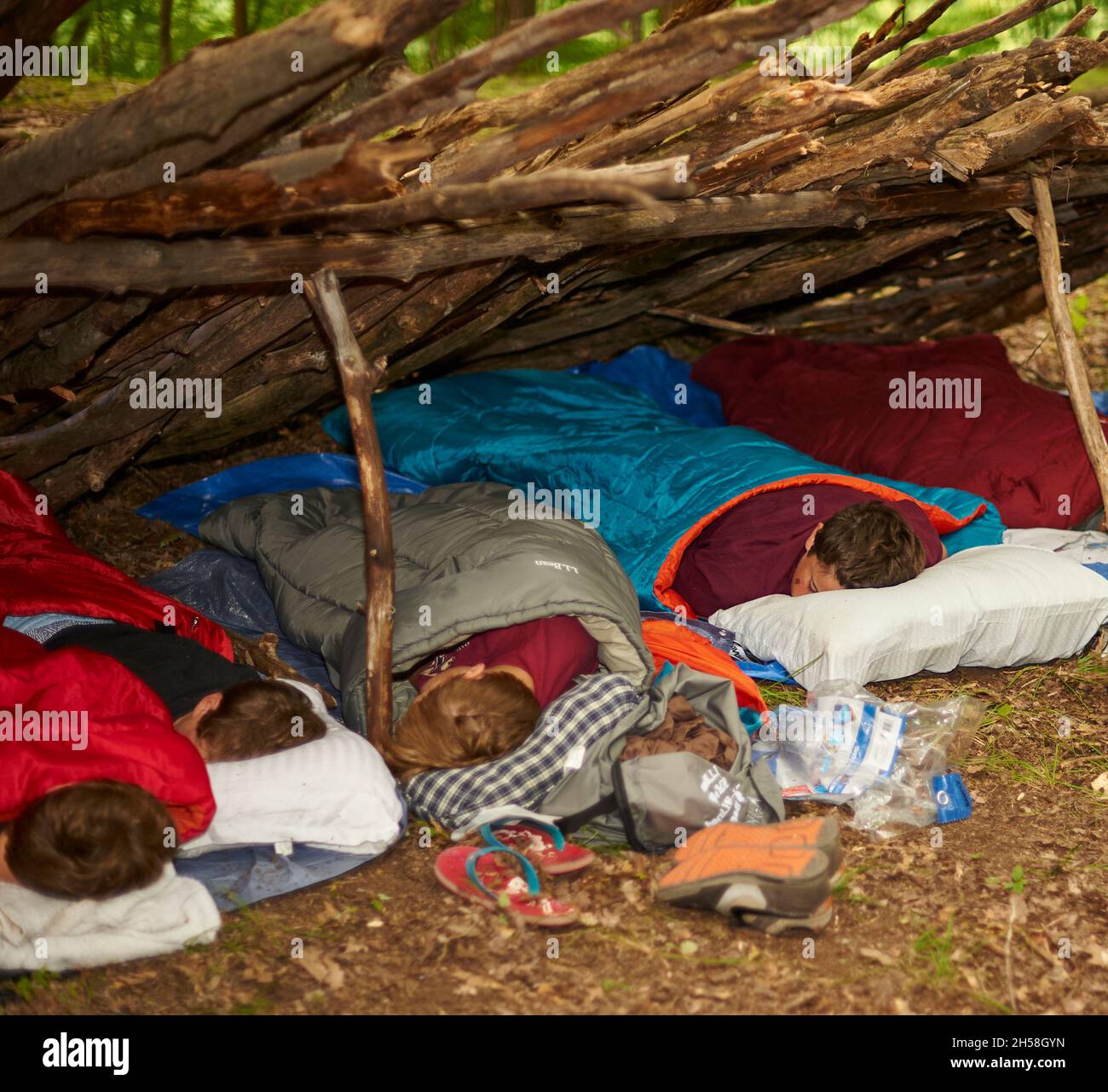 team of campers sleeping out under lean-to Stock Photo - Alamy