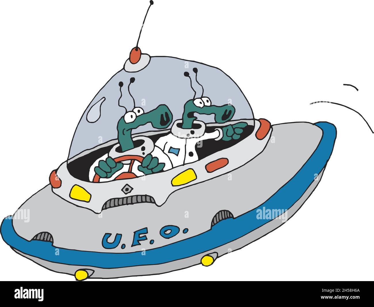 The vectorized hand drawing of two funny aliens in a flying saucer ...
