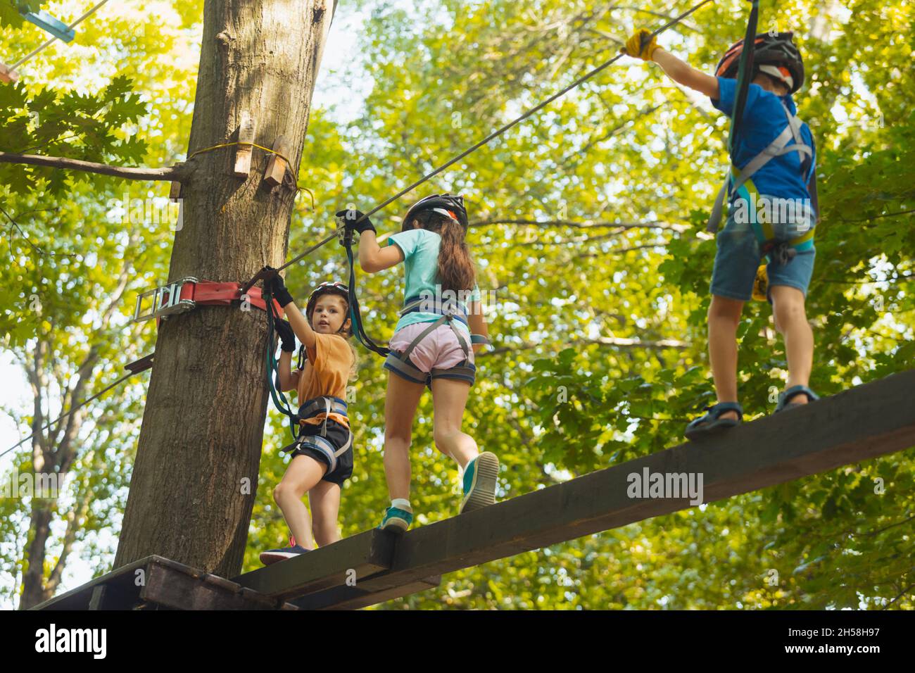 The kids are climbing on the suspension bridge Stock Photo - Alamy