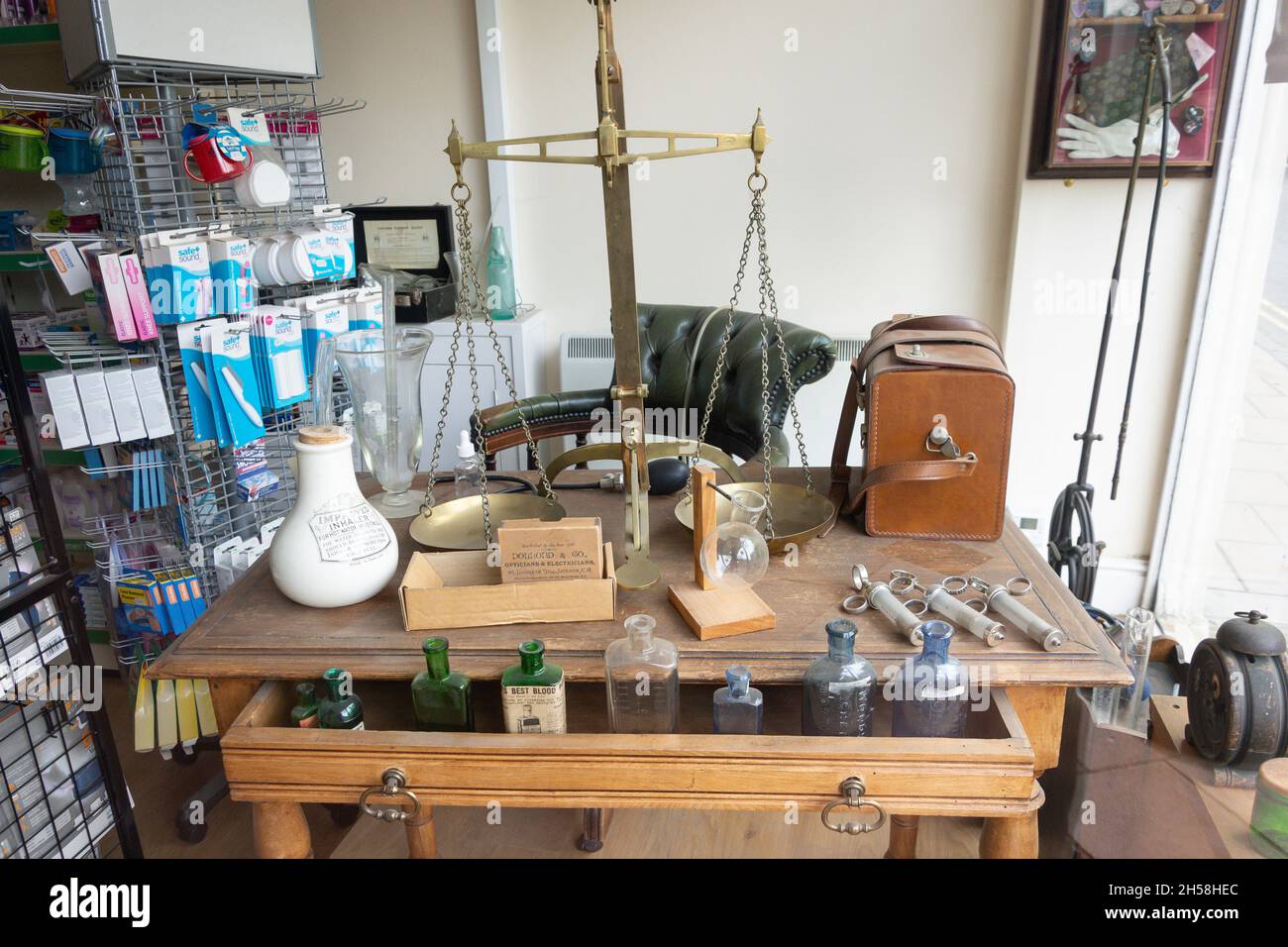 Victorian pharmacy equipment in shop window of Stamford Pharmacy, St ...