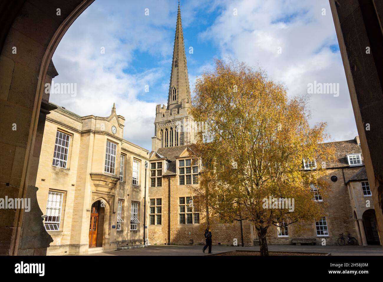 St Peter's Church from Oudle School Cloisters, Oundle, Northamptonshire ...
