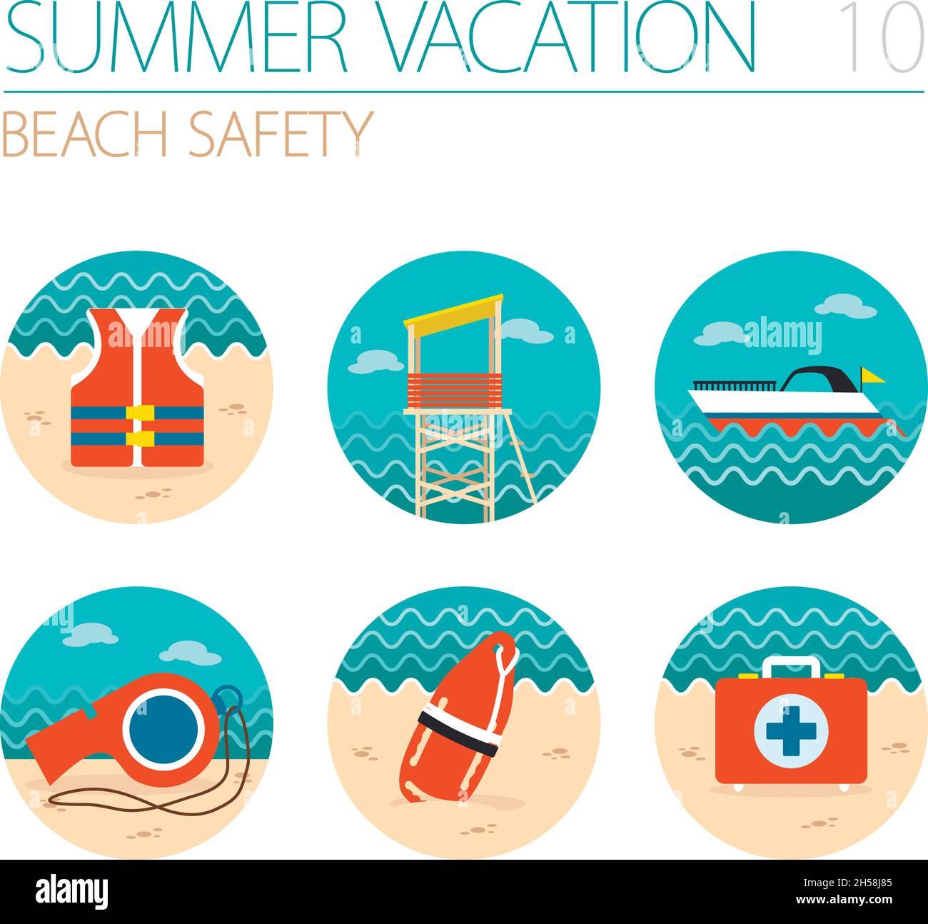 Lifeguard beach safety vector icon set. Summer time. Vacation, eps 10 ...