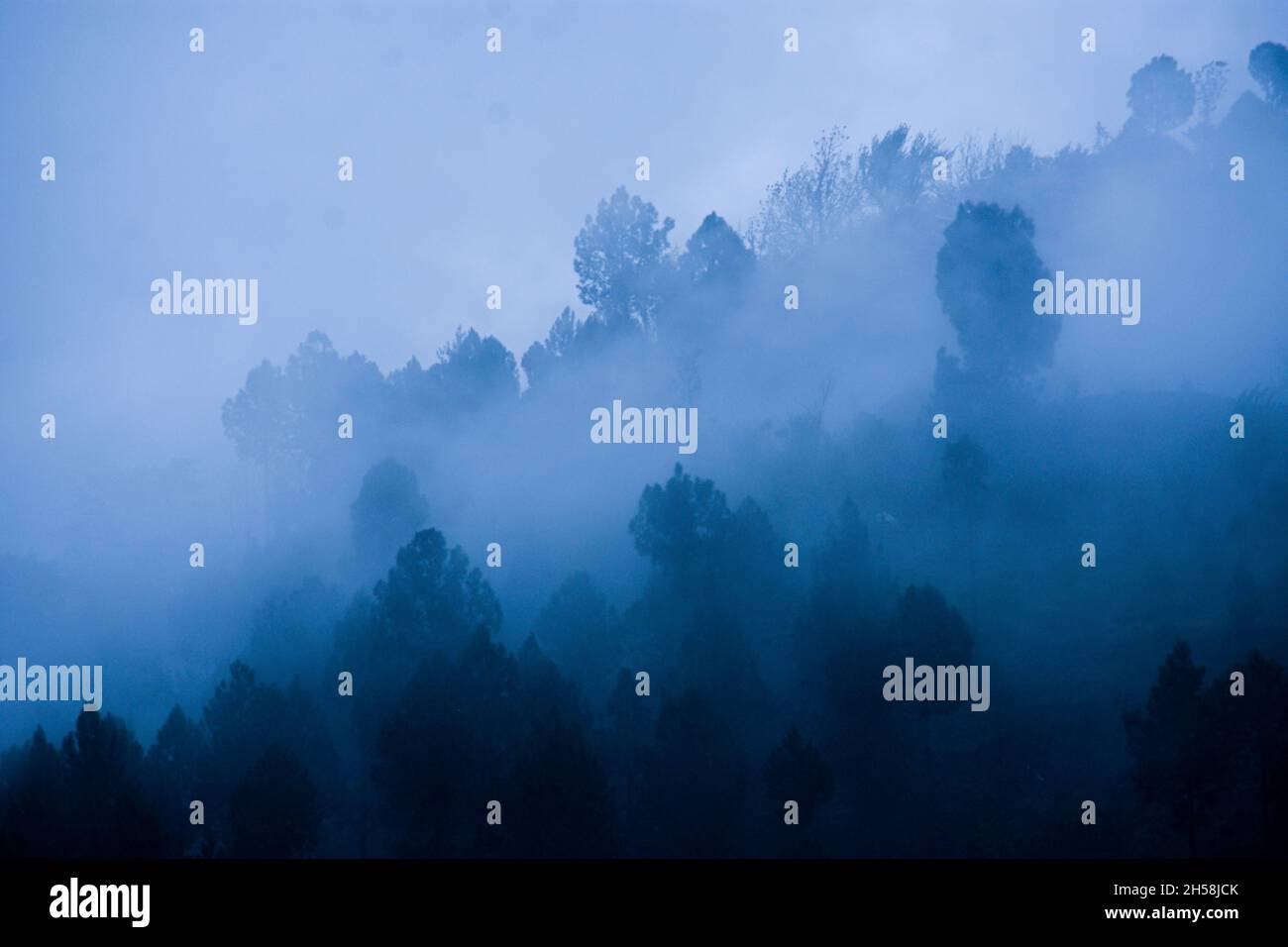 Blue mountains with rain and fog Stock Photo - Alamy
