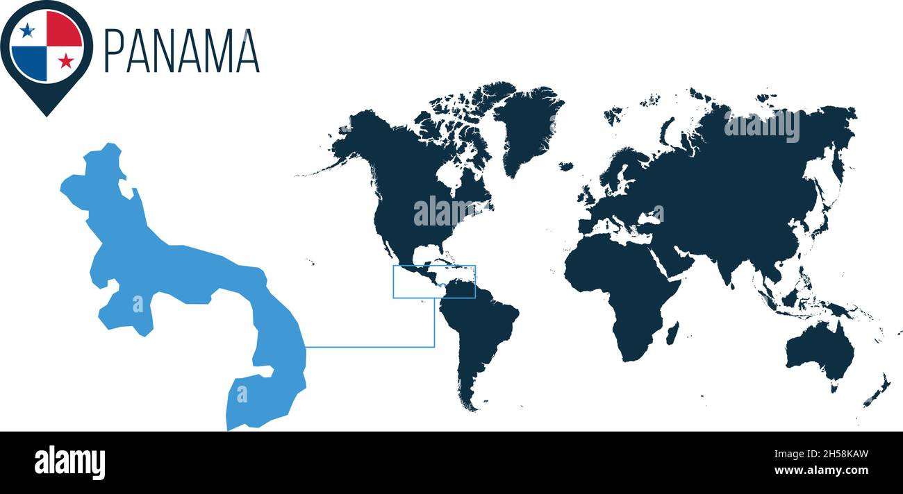 Panama map located on a world map with flag and map pointer or pin. Infographic map. Vector ...