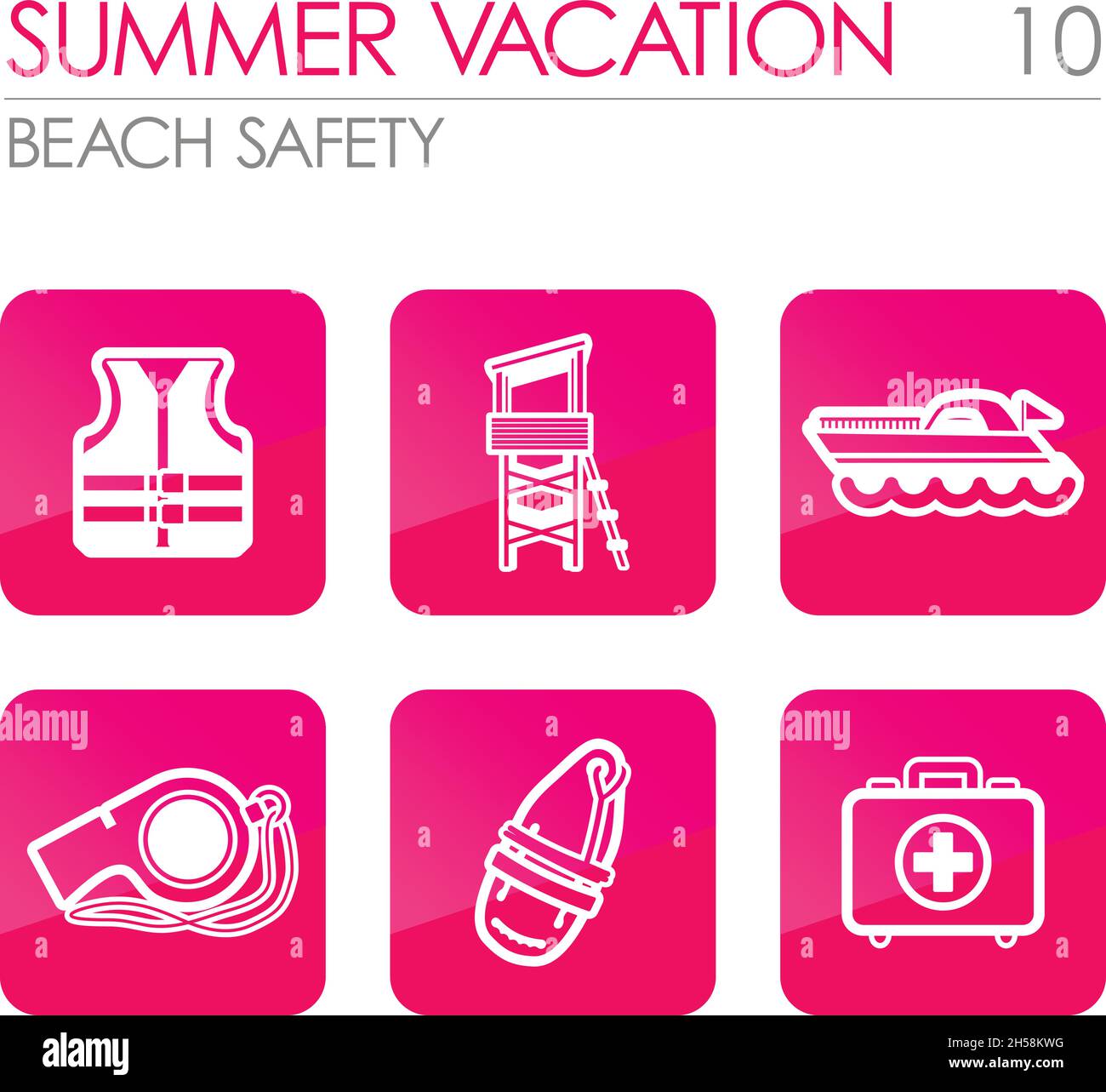 Lifeguard beach safety outline vector icon set. Summer time. Vacation ...