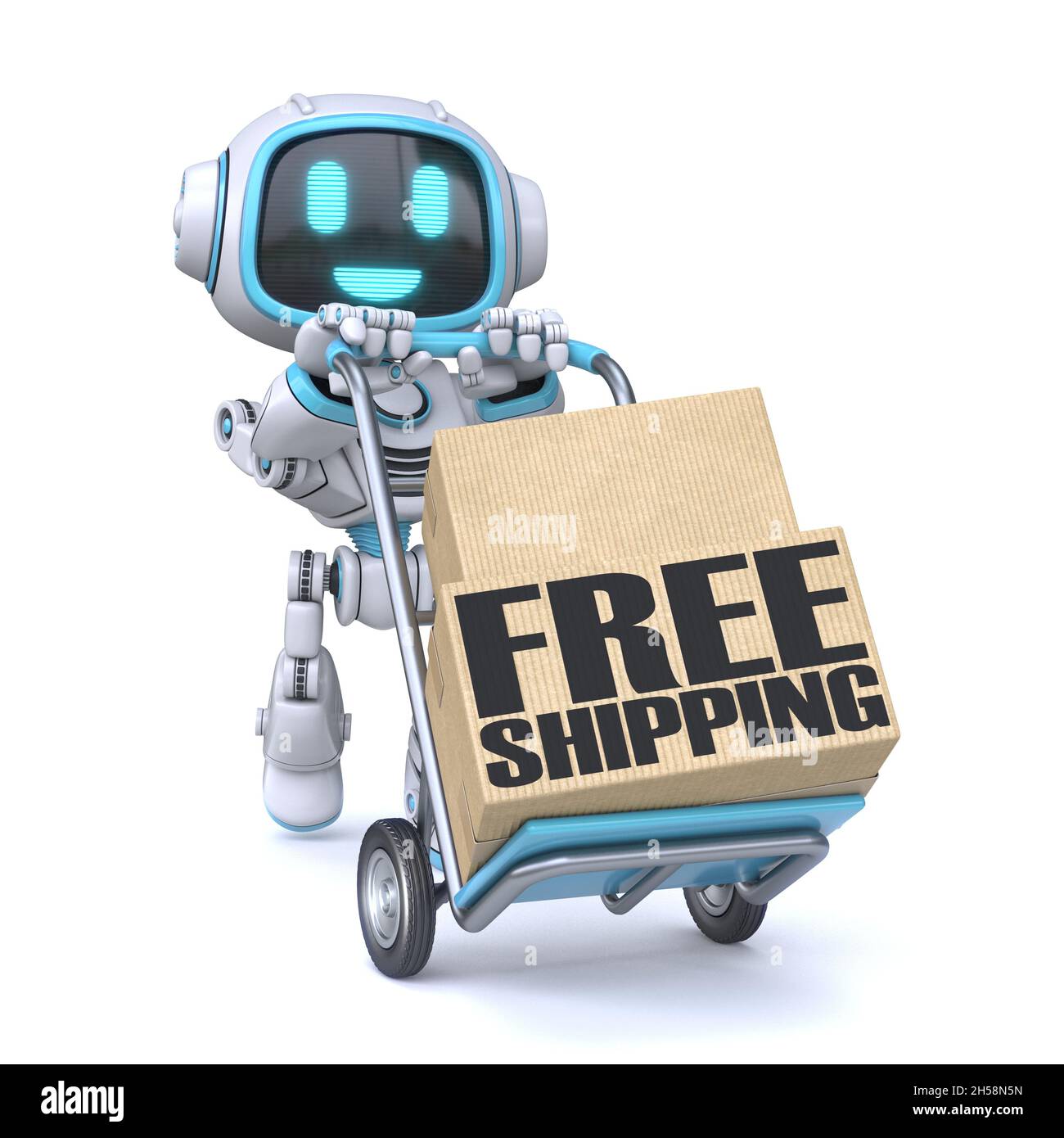 Cute blue robot with hand truck Free shipping concept Front view 3D ...