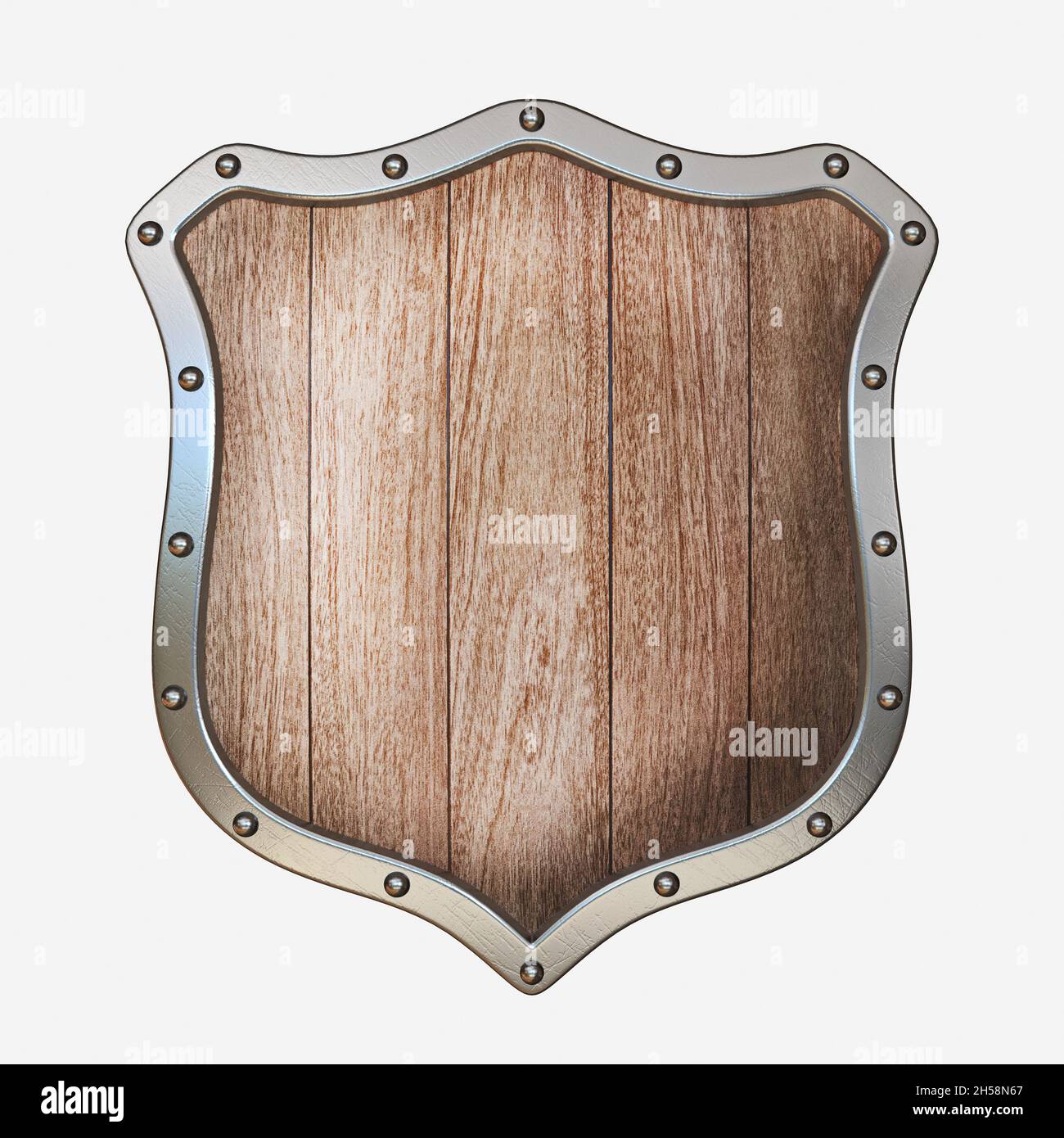 Wooden shield with steel frame 3D rendering illustration isolated on ...