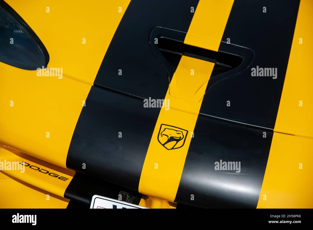 Yellow with black stripes nose of a Dodge Viper SRT 10 showing Viper ...