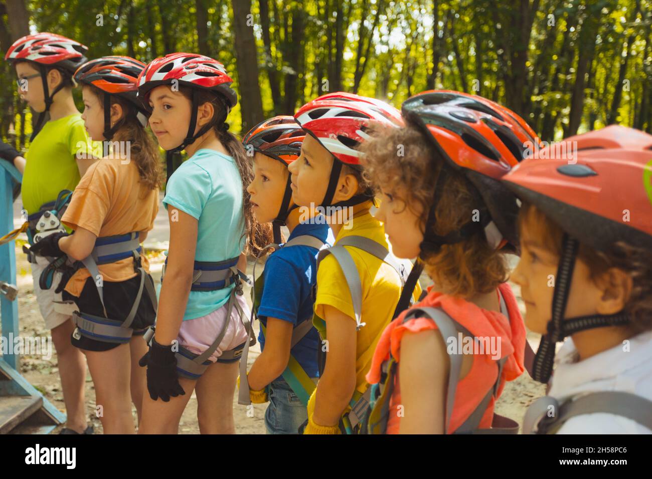 The group of kids in protective gear before start the competition Stock ...