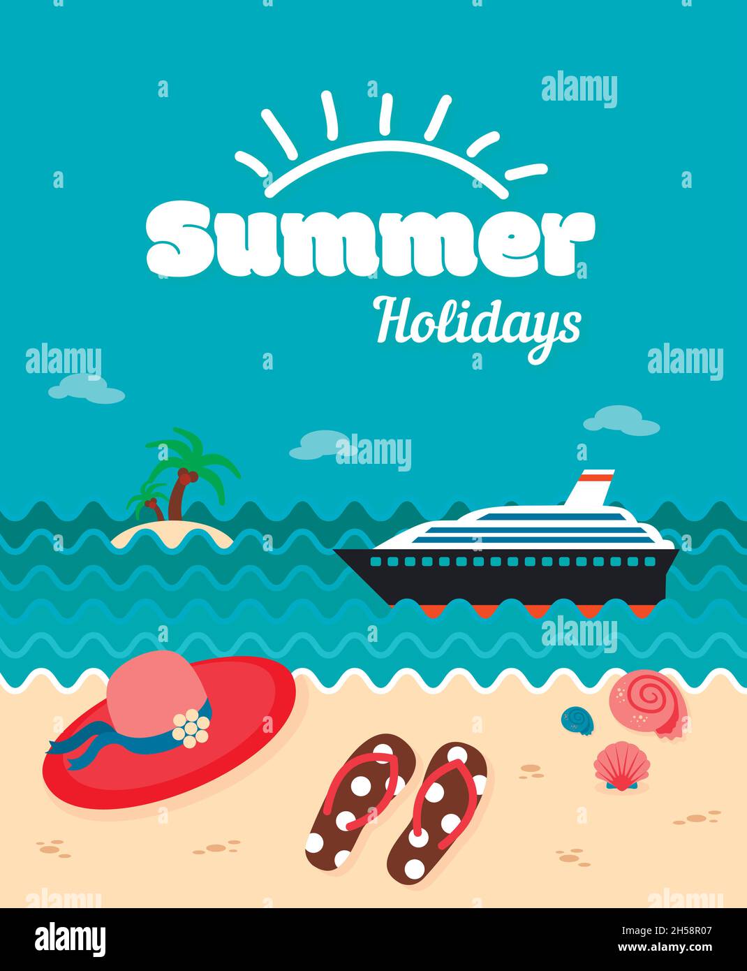 Summer holiday poster vector template with cruise liner, beach and ...