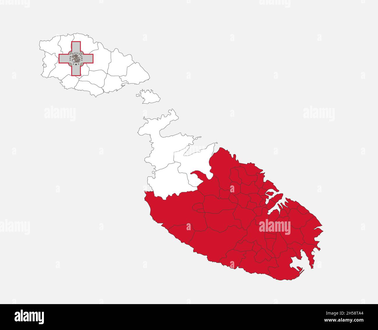 Map of the Malta in the colors of the flag with administrative ...