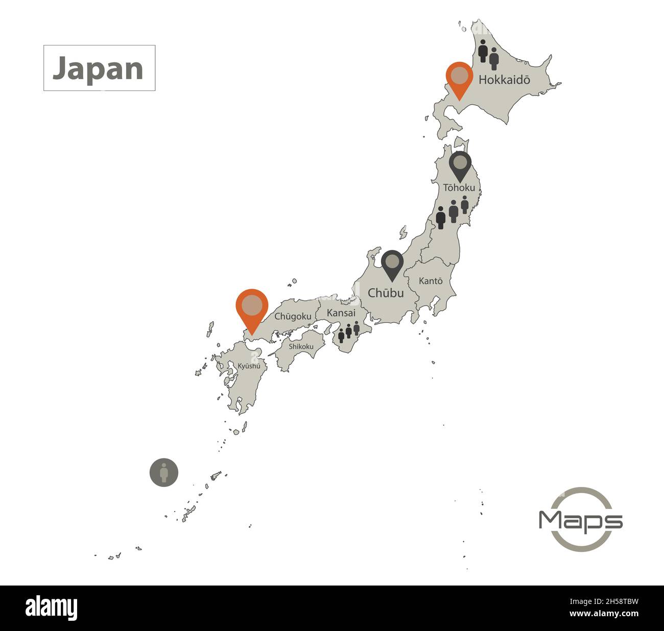 Japan map, individual regions with names, Infographics and icons vector ...