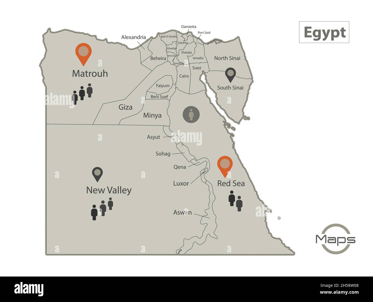 Egypt map, individual regions with names, Infographics and icons vector ...