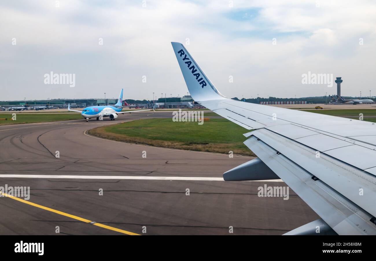 06/09/2021. Stansted Airport, UK. Ryanair airplane ready for departure ...