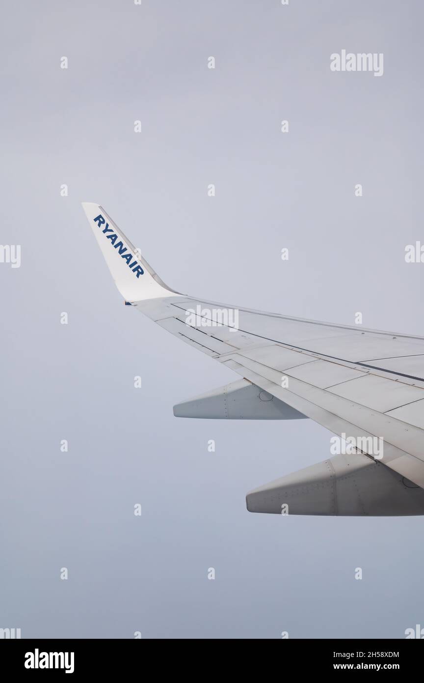 06/09/2021. Commercial Ryanair airborne airplane at high altitude ...