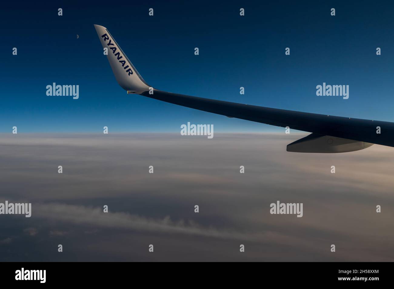 06/09/2021. Commercial Ryanair airborne airplane at high altitude ...