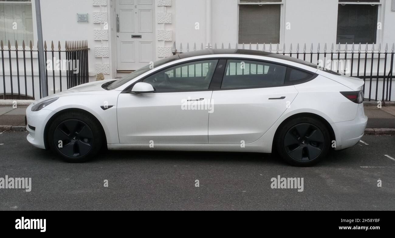 A 2021 registered Tesla electric powered car parked in Torquay, Devon ...