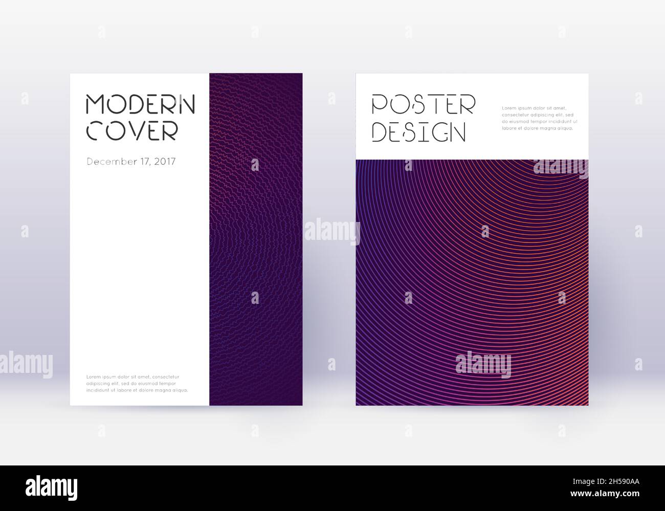 Minimal cover design template set. Violet abstract lines on dark ...