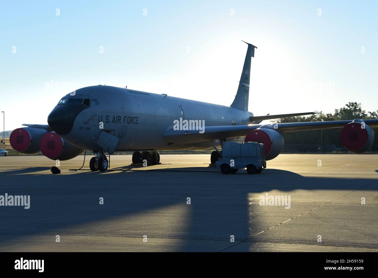 A KC-135 Stratotanker sits on the ramp being inspected during the ...